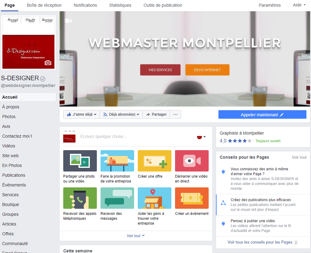Page facebook webmaster - Webmaster webmarketing Montpellier S-designer